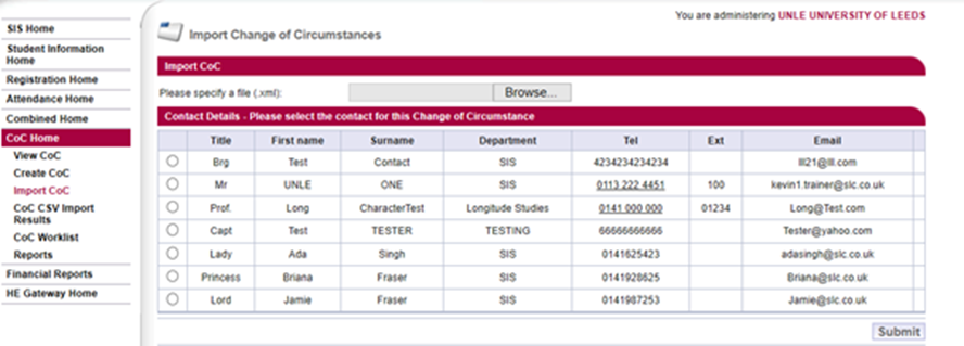 CoC csv import, Change of circumstances, SIS user guide | HEP Services